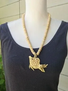 Jewelry | Natural Wooden Beaded Necklace With Large Gold Tone Fish ...